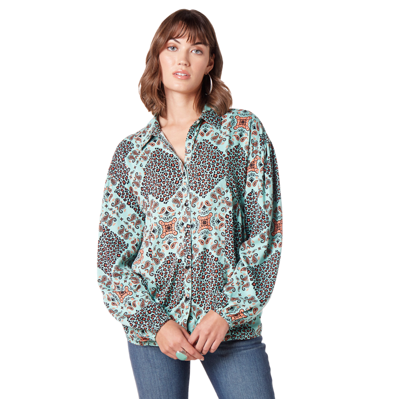 Wrangler Leopard Turquoise Top – Wiseman’s Western